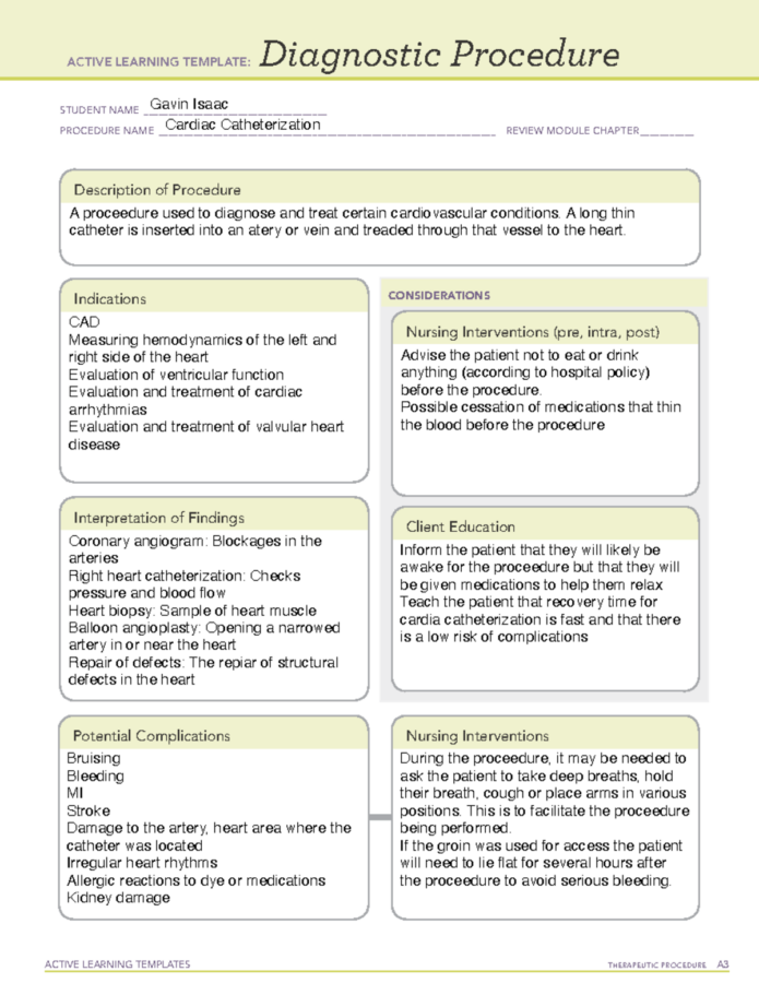Ati Diagnostic Procedure Template Cardiac Catheterization
