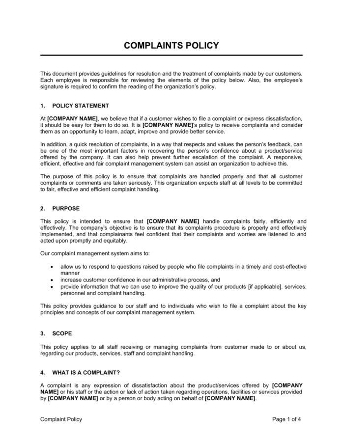 Customer Complaints Policy And Procedure Template