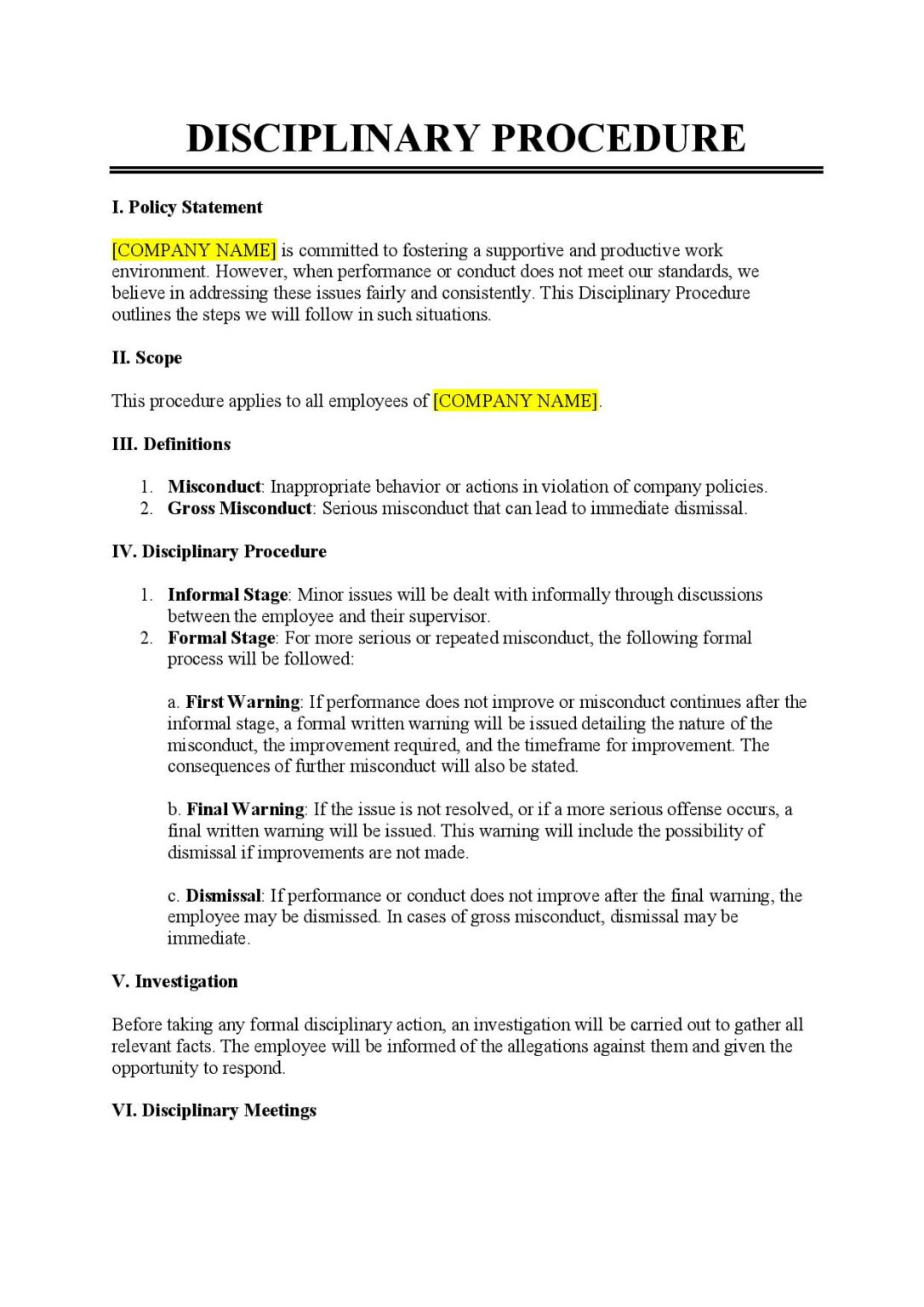 Disciplinary Policy And Procedure Template