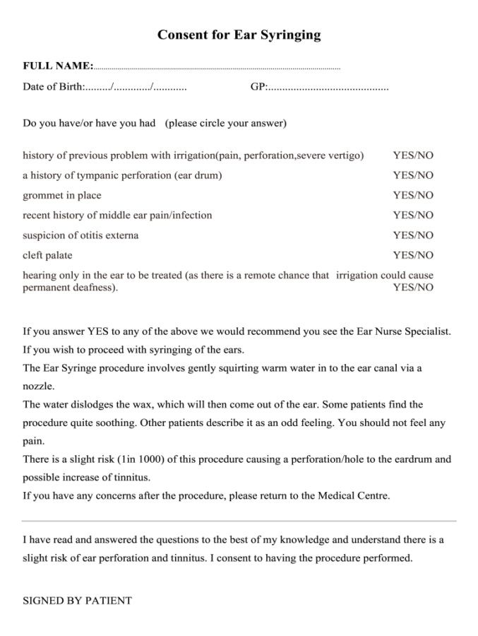 Ear Irrigation Procedure Note Template