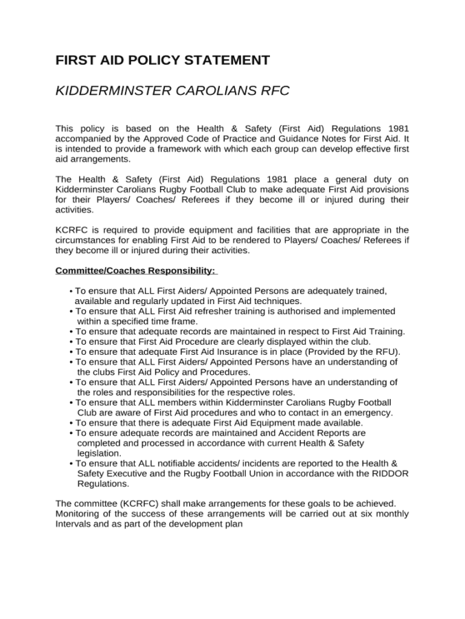 First Aid Policy Procedures Template