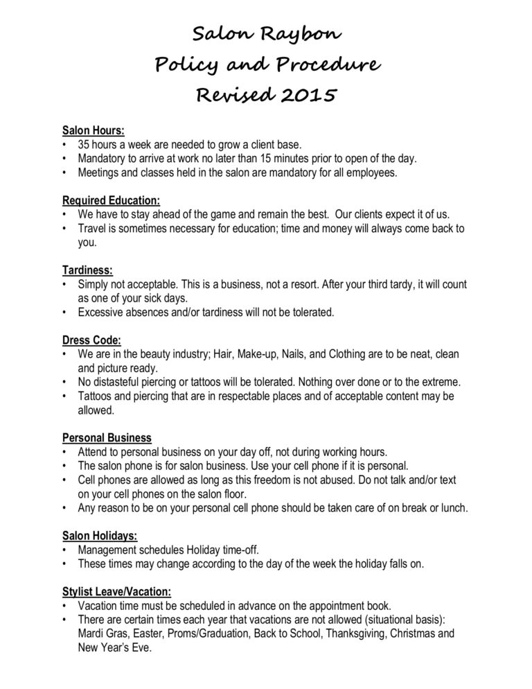 Hair Salon Policies and Procedures Template