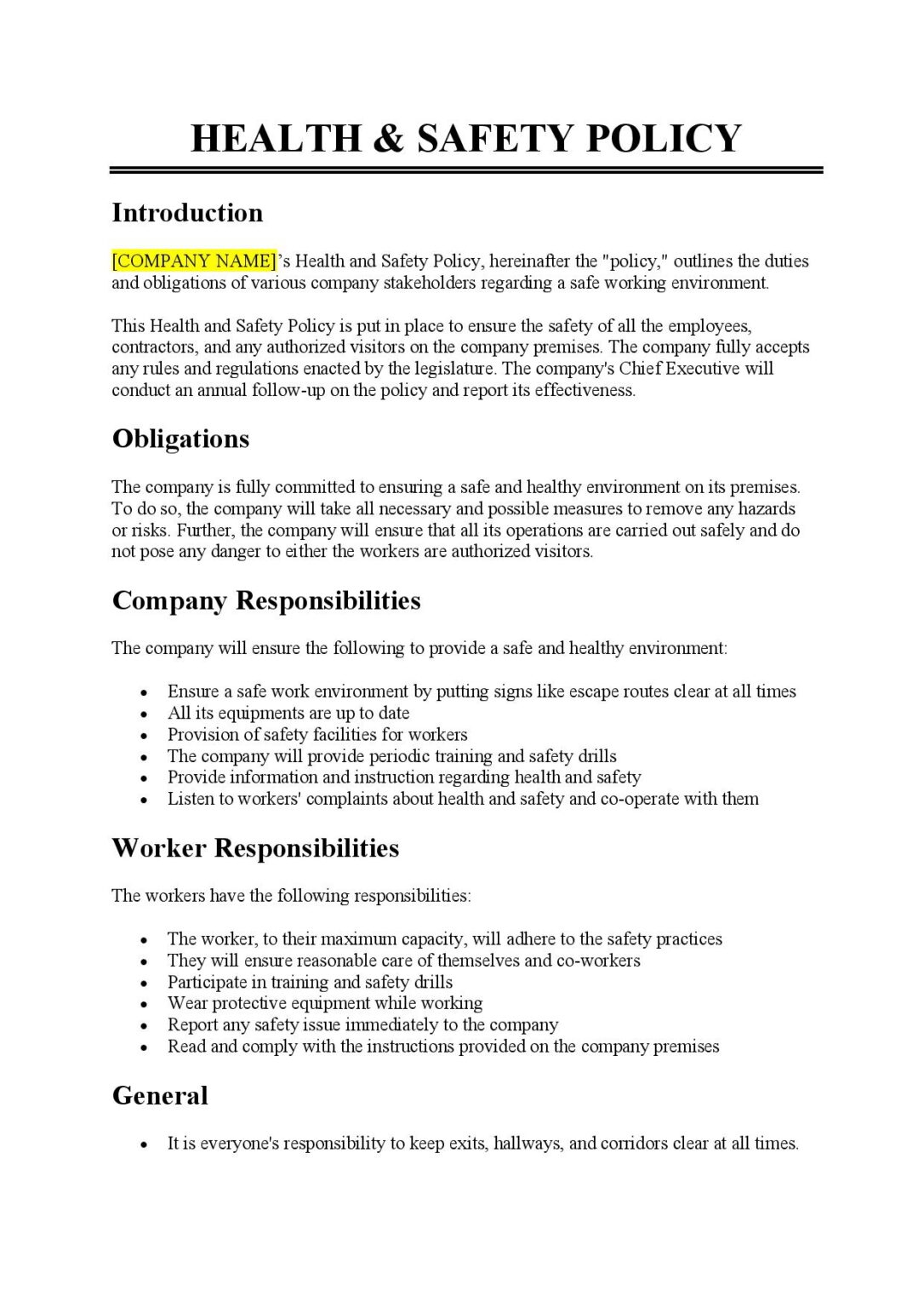 Health And Safety Procedure Template
