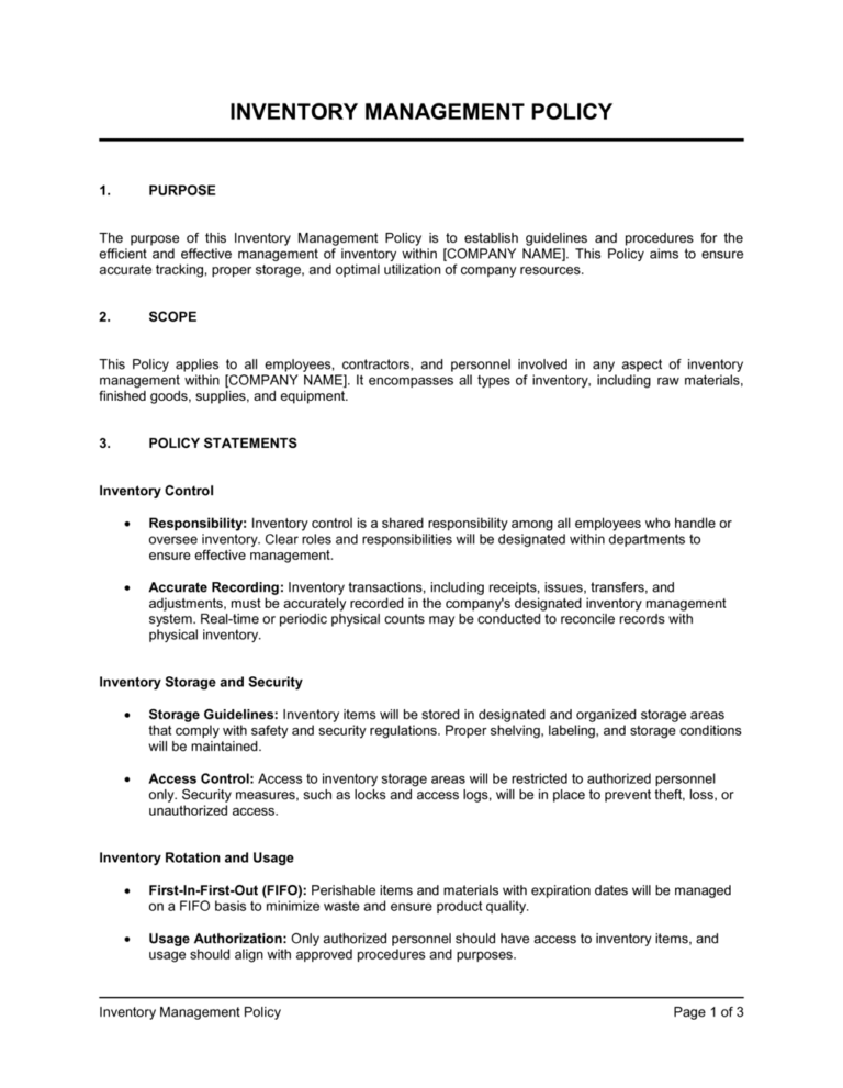 Inventory Policies and Procedures Template