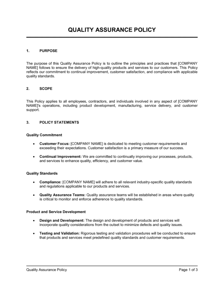 Quality Assurance Policy and Procedure Template