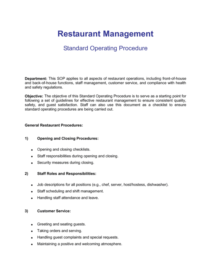 Standard Operating Procedure For Food Service Template