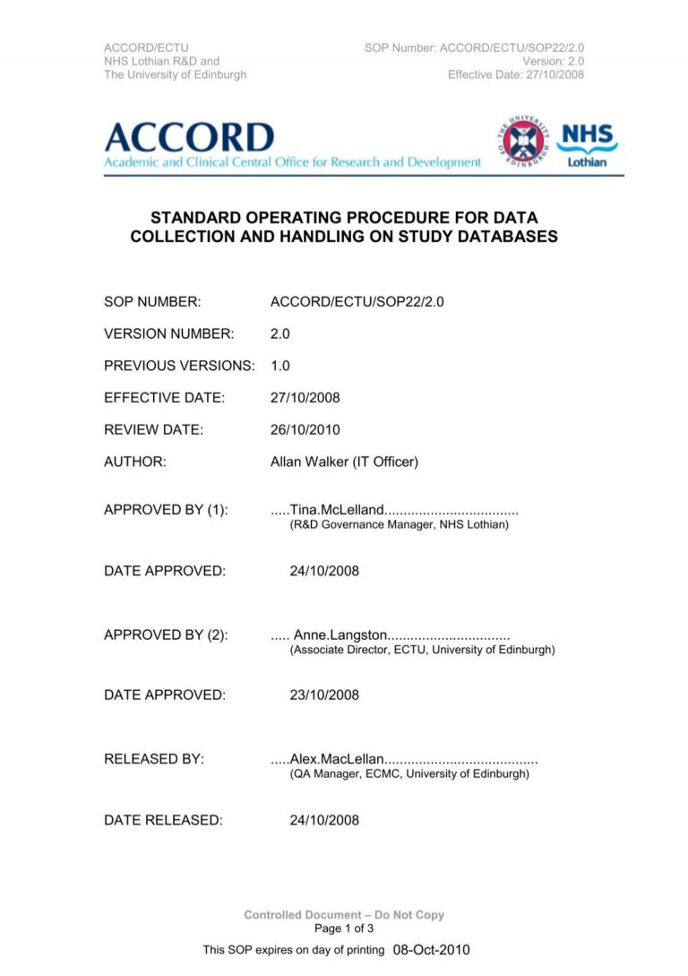 Standard Operating Procedure Template Nhs