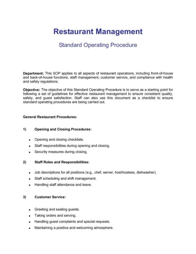 Standard Operating Procedures for a Restaurant Template