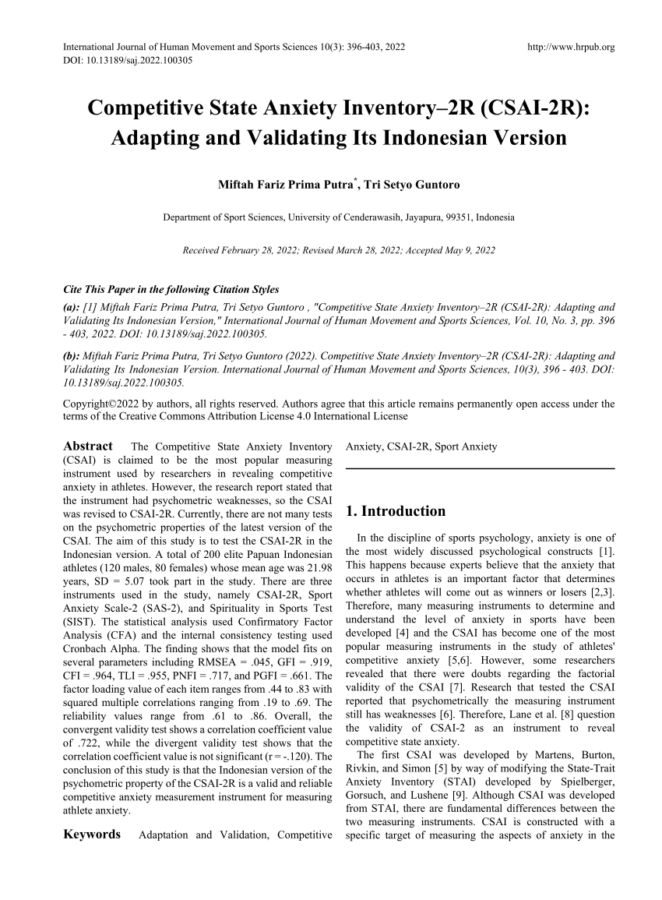 Competitive State Anxiety Inventory 2 Template