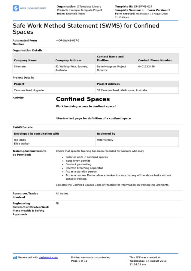 Confined Space Inventory Template