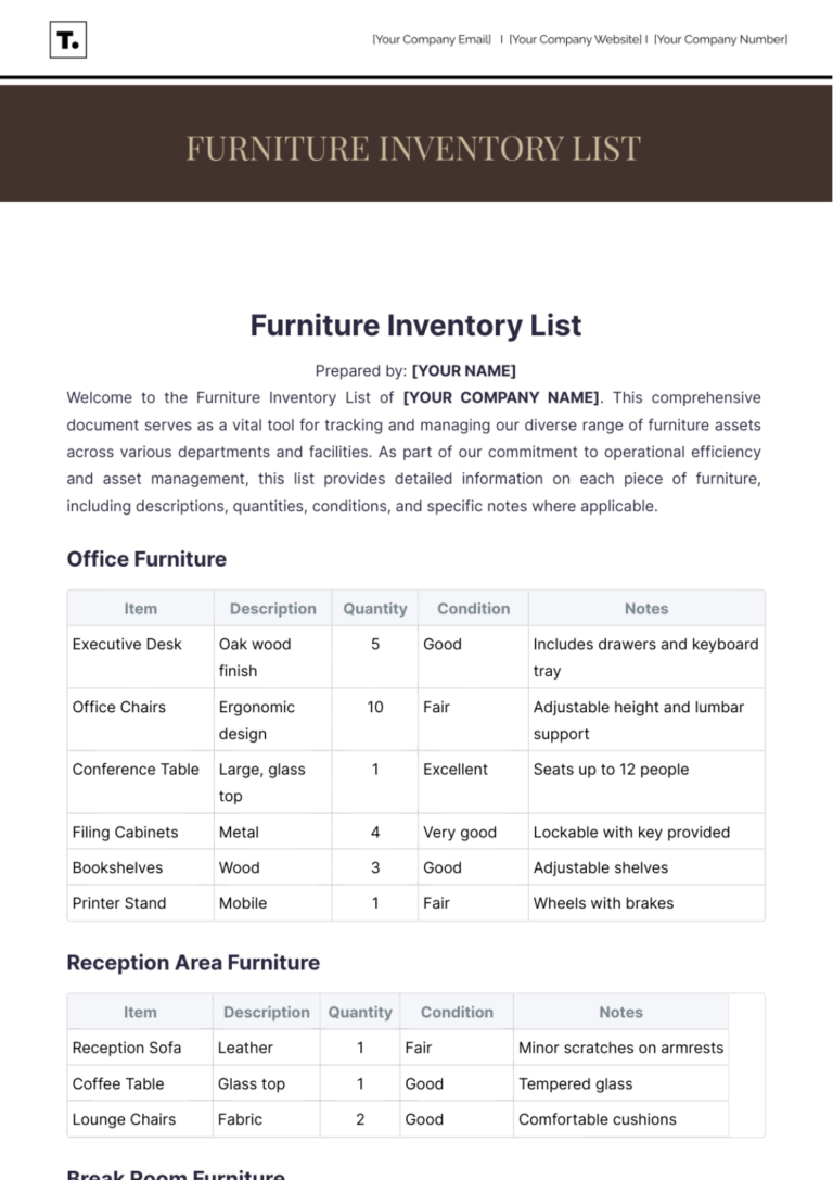 Furniture Inventory Template with Pictures
