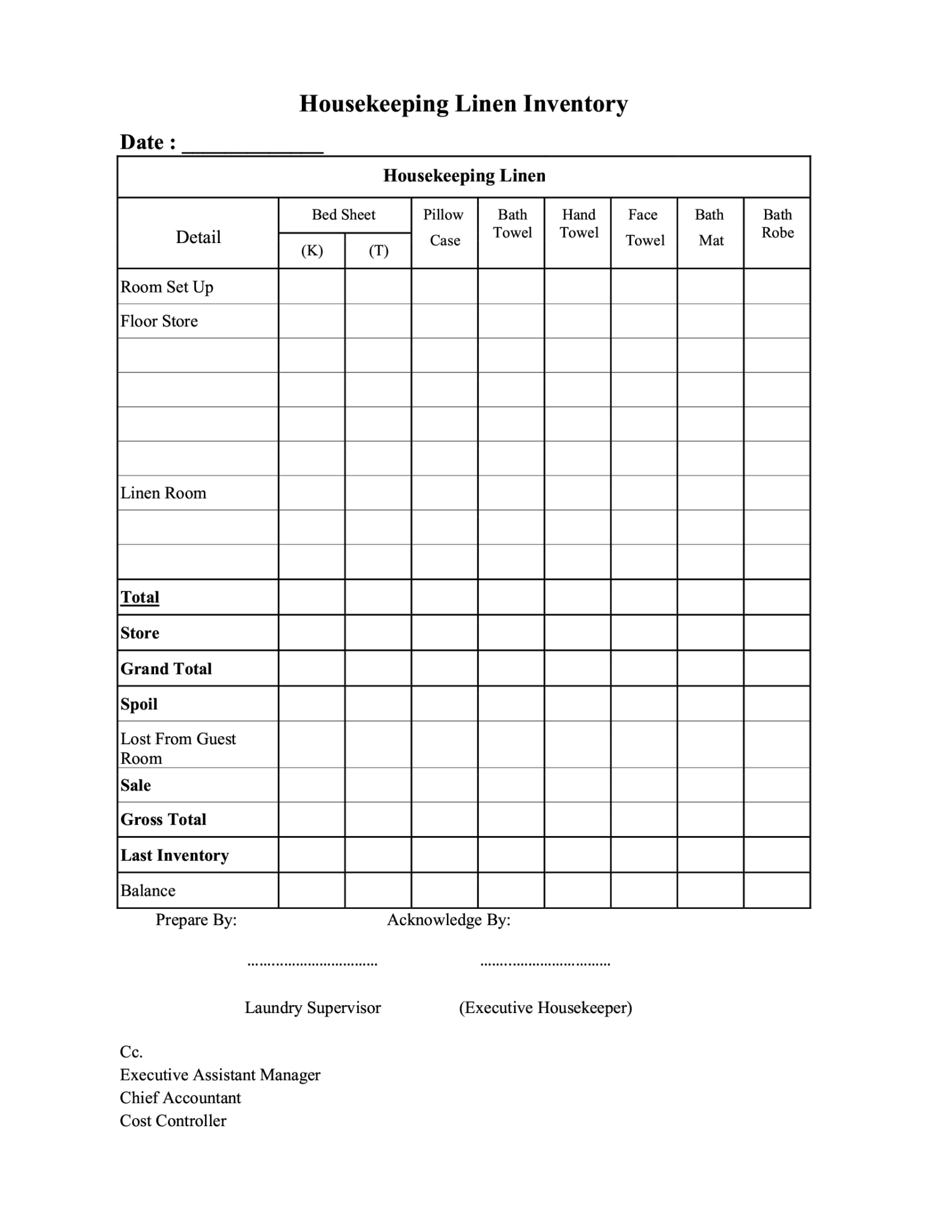 Housekeeping Linen Inventory Template