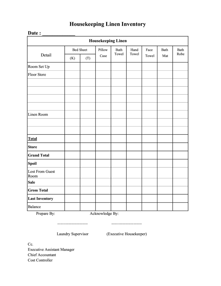 Housekeeping Linen Inventory Template