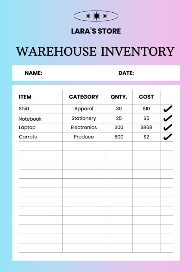 Retail Inventory Sheet Template
