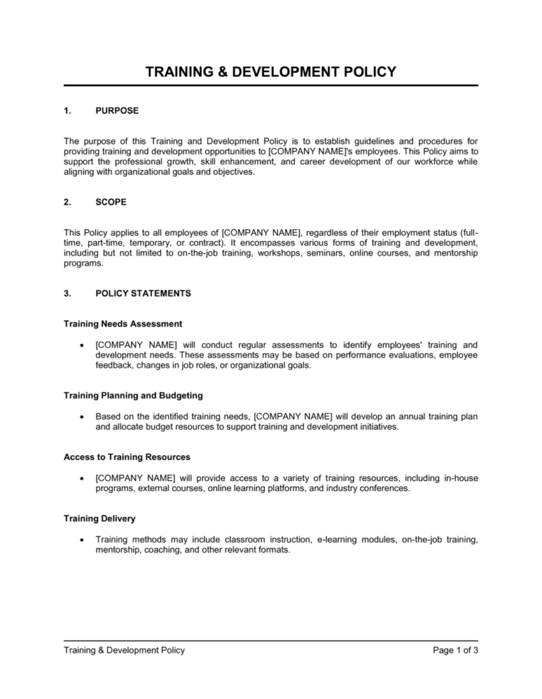 Training Policies And Procedure Template