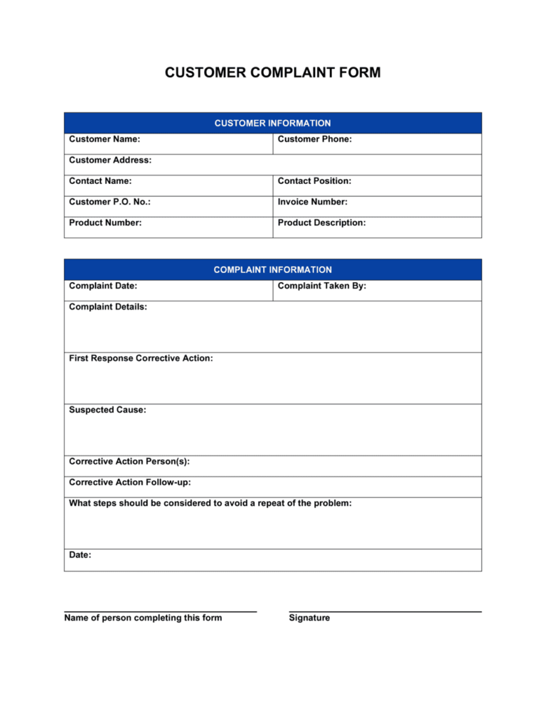Client Complaint Form Template