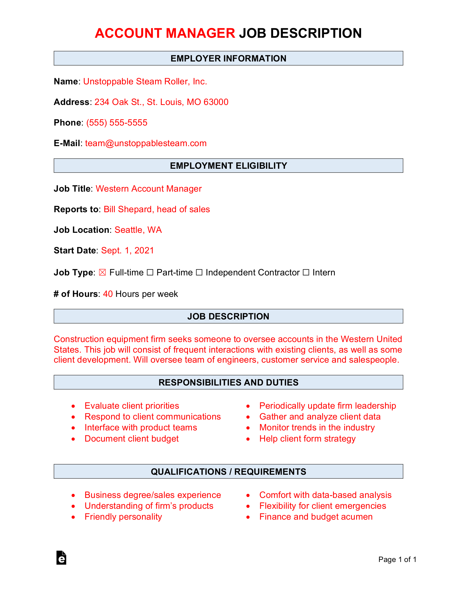 Account Manager Job Description Template